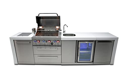 Mont Alpi MAi400-DBEV 32-Inch 4-Burner 78000 BTU Deluxe Stainless Steel Gas Outdoor Kitchen Barbecue Gas Island Grill w/ Compact Lockable Refrigerator + Infrared Side & Rear Burners + Granite Countertops