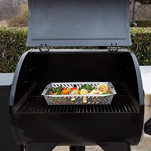 Proud Grill UltraVersatile Stainless Steel Grill Basket - Large BBQ Grill Basket for Grilling Vegetables, has a detachable handle and movable dividers. Perfect Grill Accessory for grilling veggies, fish and meat on outdoor grill.