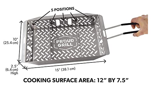 Proud Grill UltraVersatile Stainless Steel Grill Basket - Large BBQ Grill Basket for Grilling Vegetables, has a detachable handle and movable dividers. Perfect Grill Accessory for grilling veggies, fish and meat on outdoor grill.