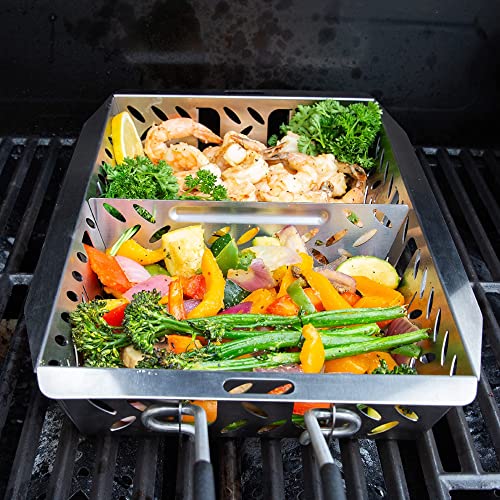 Proud Grill UltraVersatile Stainless Steel Grill Basket - Large BBQ Grill Basket for Grilling Vegetables, has a detachable handle and movable dividers. Perfect Grill Accessory for grilling veggies, fish and meat on outdoor grill.