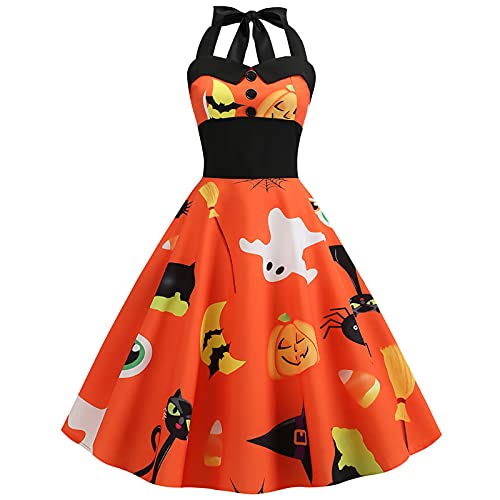 Women's Vintage Print Halter Halloween Sleeveless Evening Party Swing Cocktail Dress Yellow