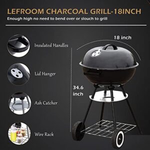 BBQ Kettle Charcoal Grill Outdoor Portable Grill Backyard Cooking Stainless Steel for Standing & Grilling Steaks, Burgers, Backyard Pitmaster & Tailgating (18" Black)