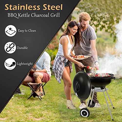 BBQ Kettle Charcoal Grill Outdoor Portable Grill Backyard Cooking Stainless Steel for Standing & Grilling Steaks, Burgers, Backyard Pitmaster & Tailgating (18" Black)