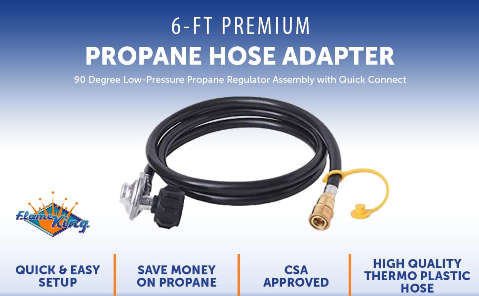 Flame King 90 Degree Low-Pressure Propane Gas Regulator Hose with Quick Connect for RVs, Grills, Heaters, Burners, 6 Feet - LPRH6