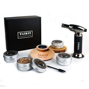 cocktail smoker kit with torch, four kinds of wood chips for whiskey and bourbon. infuse cocktails, wine, whiskey, cheese, salad and meats. for your friends, husband, dad.（no butane）