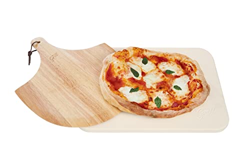 HANS GRILL PIZZA STONE | Rectangular Pizza Stone For Oven Baking & BBQ Grilling With Free Wooden Peel | Extra Large 15 x 12" Inch Durable Cordierite Cooking Stone.