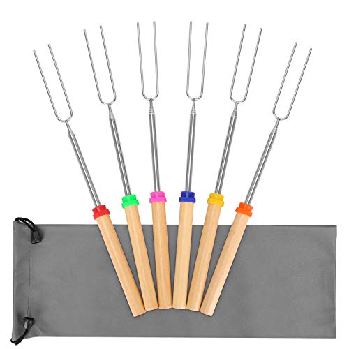 Kelfuoya 6Pcs Marshmallow Roasting Sticks Smore Sticks 32Inch Long Wooden Handle Barbecue Forks Telescoping Hot Dog Forks Smore Skewers for Campfire