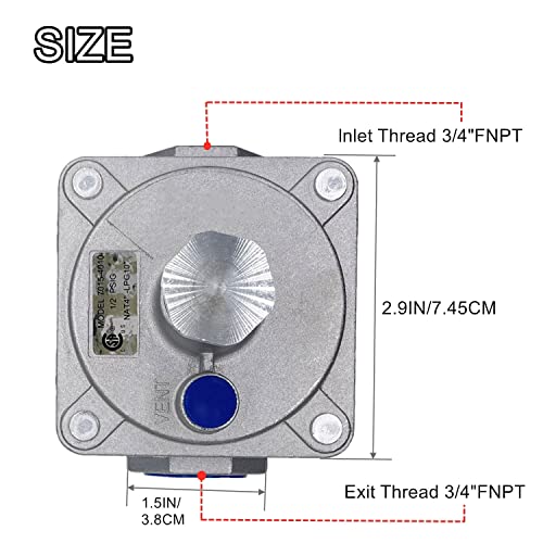 XYWZV Natural Gas Pressure Regulator with 3/4" FNPT Thread, 1/2 PSIG Inlet Pressure and 4"-10" WC Outlet for Grill, Stove Range Pipe Lines