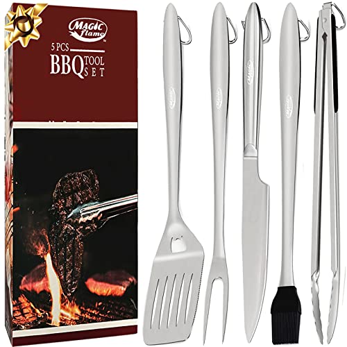 MAGIC FLAME 18'' Grill Set Heavy Duty Barbecue Accessories- Grill Set 5pc Grill Tools with Spatula, Fork, Knife, Brush & BBQ Tongs - Grill Gifts for Men, Stainless Steel Grill Tools