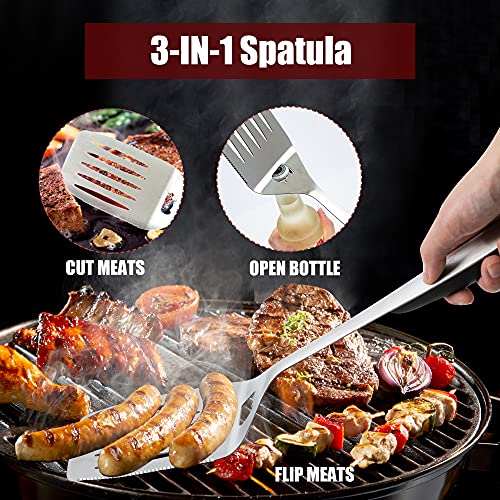 MAGIC FLAME 18'' Grill Set Heavy Duty Barbecue Accessories- Grill Set 5pc Grill Tools with Spatula, Fork, Knife, Brush & BBQ Tongs - Grill Gifts for Men, Stainless Steel Grill Tools