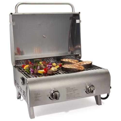 Cuisinart CGG-306 Chef's Style Portable Propane Tabletop 20,000, Professional Gas Grill, Two 10,000 BTU Burners, Stainless Steel & QG-012B LP Adapter Hose, 4 feet, Black