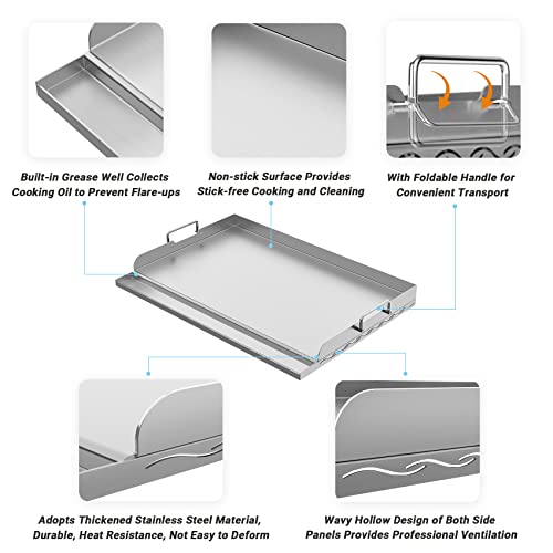 Skyflame Universal Stainless Steel Griddle Plate with Even Heating Bracing for BBQ Charcoal/Gas Grills, 23" x 16" Rectangular Hibachi Flat Top Griddle for Indoor/Outdoor Cooking