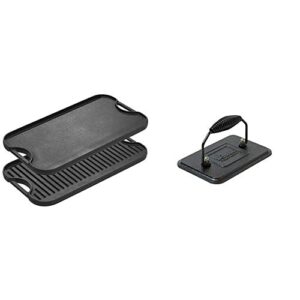 lodge lpgi3 cast iron reversible grill/griddle, 20-inch x 10.44-inch, black & lgp3 rectangular cast iron grill press, pre-seasoned, 6.75-inch x 4.5-inch