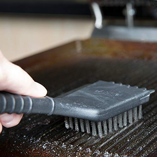 FryOilSaver Co. 90052 Panini Grill Brush - Commercial Electric Grill Stiff Bristle Brush - Stainless Steel Bristles with Hard Plastic Handle - 3 Different Scraper Heads - Heavy Duty Small Grill Brush