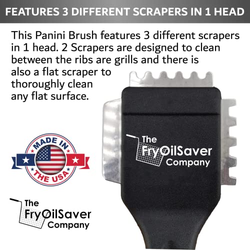 FryOilSaver Co. 90052 Panini Grill Brush - Commercial Electric Grill Stiff Bristle Brush - Stainless Steel Bristles with Hard Plastic Handle - 3 Different Scraper Heads - Heavy Duty Small Grill Brush