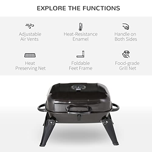 Outsunny 14'' Iron Tabletop Charcoal Grill with Portable Anti-Scalding Handle Design, Folding Legs for Outdoor BBQ for Poolside, Backyard, Garden