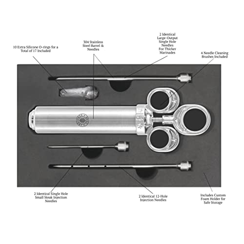 Grill Sergeant Professional Meat Injector, Marinade Syringe Set, Forever Guarantee, Zippered Storage & Travel Case, 304 Stainless Steel, No Aluminum, 6 Needles, 2.5 oz Capacity, 4 Cleaning Brushes