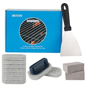 griddle cleaning kit for blackstone, heavy duty flat top grill cleaning accessories, griddle scraper tools with 9 scouring pads,1 scrubber brush,1 griddle grill scraper, 2 cleaning bricks,13 piece