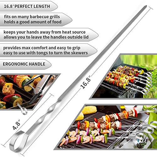 Kabob Skewers 16.8”Long Stainless Steel BBQ Barbecue Skewer Flat Metal Shish Kebob Sticks Reusable Grilling Skewers Set for Meat Shrimp Chicken Vegetable 12 Pack With Bonus a Basting Brush