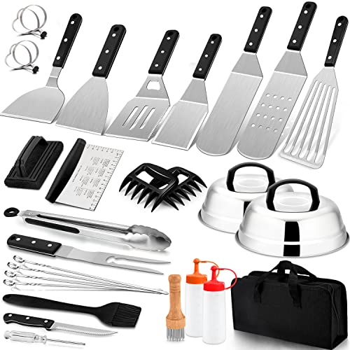 30Pcs Griddle Accessories Kit, Joyfair Flattop Grill Spatulas Set with Melting Dome for Outdoor Camping BBQ, Include Stainless Steel Turner/Scraper/Meat Tenderizer/Carry Bag, Dishwasher Safe