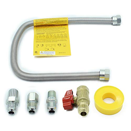 MENSI 22" Stainless Steel Flexible Natural and Propane Gas Line 1/2" Brass Ball Control Valve with Coupling and 3/8" Flare Fitting Ass Kit