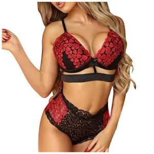 wodceeke sexy breast wrap lace split plus size lingerie for women perspective embroidered print mesh bodysuit pajamas (red, s)