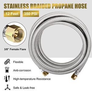 12 Feet High Pressure Braided Propane Hose Extension with Conversion Coupling 3/8" Flare to 1/2" Female NPT, 1/4" Male NPT, 3/8" Male NPT, 3/8" Male Flare, Propane Gas Line for BBQ Grill, Fire Pit