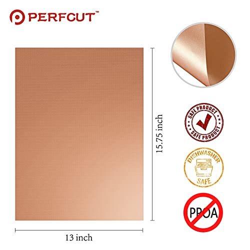 PERFCUT Copper Grill Mat 100% Non-Stick BBQ Grill & Baking Mats,Heavy Duty,Reusable and Easy to Clean for Electric Grill Gas Charcoal BBQ-15.75 x 13 Inch Set of 3-Golden