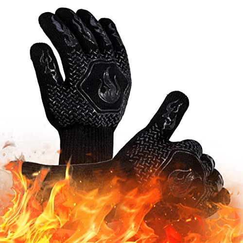 BBQ Fireproof Gloves, Grill Cut-Resistant Gloves 1472°F Heat Resistant Gloves, Non-Slip Silicone Oven Gloves, Kitchen Safe Cooking Gloves for Oven Mitts,Barbecue,Cooking, Frying,13.5 Inch-Black