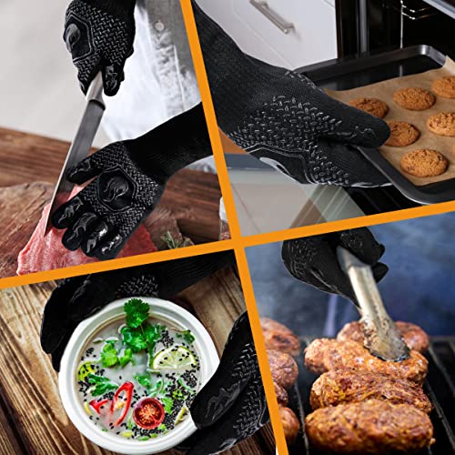 BBQ Fireproof Gloves, Grill Cut-Resistant Gloves 1472°F Heat Resistant Gloves, Non-Slip Silicone Oven Gloves, Kitchen Safe Cooking Gloves for Oven Mitts,Barbecue,Cooking, Frying,13.5 Inch-Black