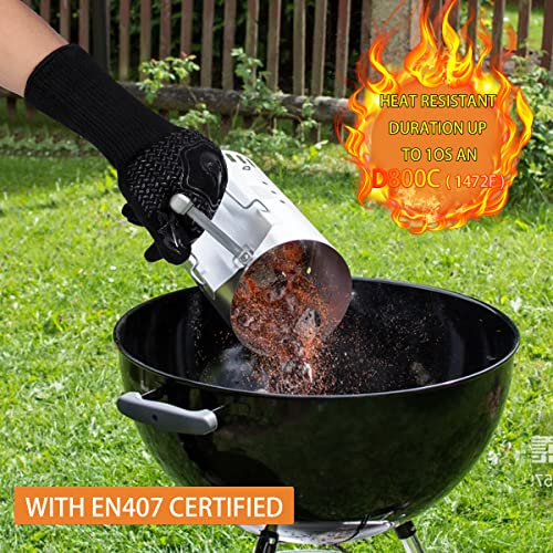 BBQ Fireproof Gloves, Grill Cut-Resistant Gloves 1472°F Heat Resistant Gloves, Non-Slip Silicone Oven Gloves, Kitchen Safe Cooking Gloves for Oven Mitts,Barbecue,Cooking, Frying,13.5 Inch-Black