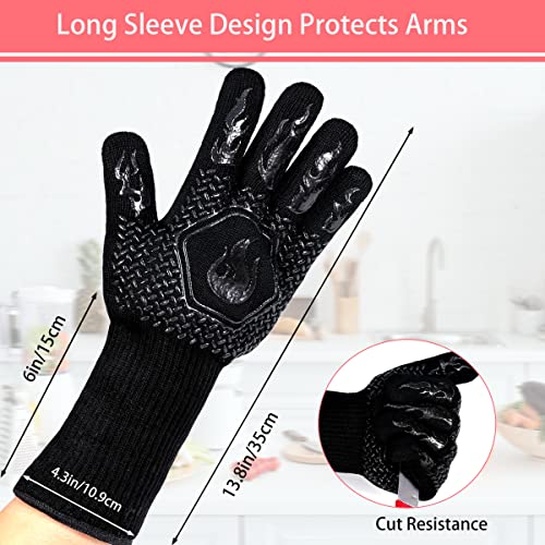 BBQ Fireproof Gloves, Grill Cut-Resistant Gloves 1472°F Heat Resistant Gloves, Non-Slip Silicone Oven Gloves, Kitchen Safe Cooking Gloves for Oven Mitts,Barbecue,Cooking, Frying,13.5 Inch-Black