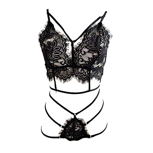 wodceeke Sexy Lace Split Plus Size Lingerie For Women Perspective Embroidered Bodysuit Seductive Sleepwear With Garter (Black, S)