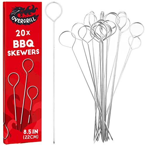 BBQ Skewers for Grilling: 20 Metal Skewers for Grilling – 9in Stainless Steel Skewers for Grilling – Grill Skewers Barbecue – OVERGRILL Grilling Set