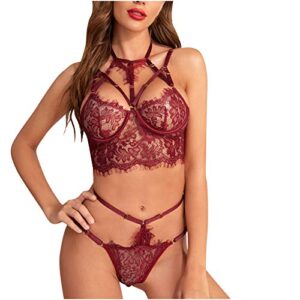 wodceeke women’s lace halter sexy split plus size lingerie perspective embroidered seductive pajamas bandage bodysuit (wine, m)