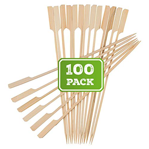 BAMBOOSUMO 10" Bamboo Shish Kabob skewers for Grilling | Extra Long | Flat Wood Skewer Shape w/Flag Paddle Handle