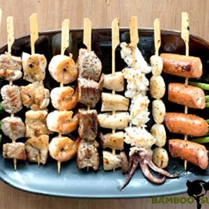 BAMBOOSUMO 10" Bamboo Shish Kabob skewers for Grilling | Extra Long | Flat Wood Skewer Shape w/Flag Paddle Handle