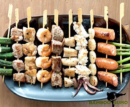 BAMBOOSUMO 10" Bamboo Shish Kabob skewers for Grilling | Extra Long | Flat Wood Skewer Shape w/Flag Paddle Handle