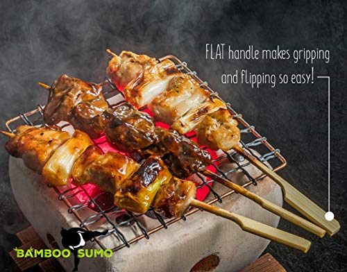 BAMBOOSUMO 10" Bamboo Shish Kabob skewers for Grilling | Extra Long | Flat Wood Skewer Shape w/Flag Paddle Handle