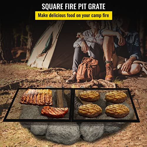 VEVOR Fire Pit Cooking Grill Grate 44 x 15 in Foldable Rectangle Campfire BBQ Rack, Heavy Duty X-Marks with Portable Handle & Support Wire for Outdoor Picnic Party & Gathering, Black