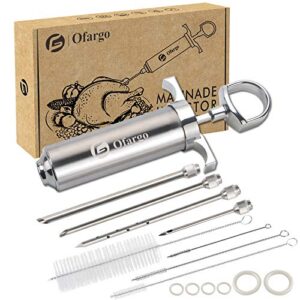 ofargo 304-stainless steel meat injector syringe kit with 4 marinade needles for bbq grill smoker, 2-oz large capacity, both paper user manual and e-book recipe