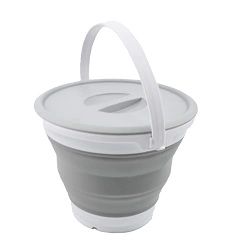 SAMMART 5.5L (1.4 Gallon) Collapsible Plastic Bucket with Lid - Foldable Round Tub with Lid - Portable Fishing Water Pail - Space Saving Outdoor Waterpot. (White/Grey, 1)