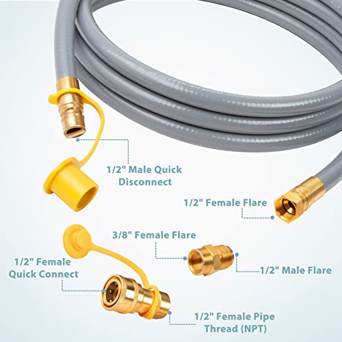 SHINESTAR 1/2" ID Natural Gas Hose (12 Feet), Low Pressure Propane Quick Disconnect Hose, Compatible with Weber, Char-broil, Patio Heater, BBQ, and More