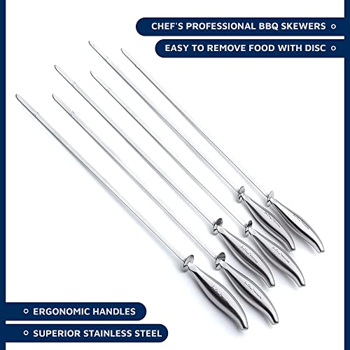 Professional Chef's Stainless Steel BBQ Skewers - Set of 6 | Reusable metal kebab skewers with a unique easy-slide design | From Jean Patrique