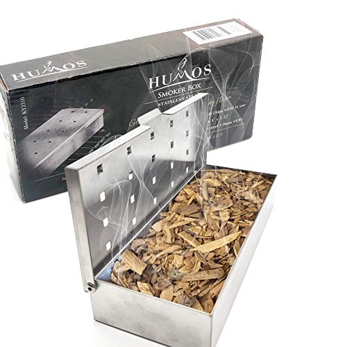 HUMOS Smoker Box, Top Meat Smokers Box in Barbecue Grilling Accessories, Add Smokey BBQ Flavor on Gas Grill or Charcoal Grills with This Stainless Steel Wood Chip Smoker Box