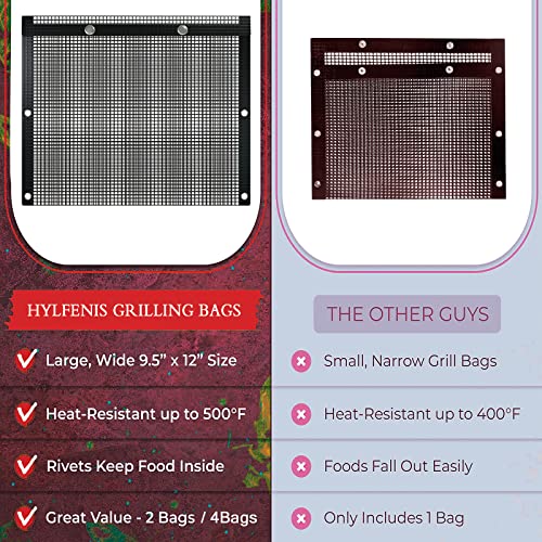 Hylfenis BBQ Mesh Grill Bags for Outdoor Grill, 2PACK Non-Stick Mesh Bags for Grilling,12 x 9.5Inch, 8.66 x 10.6 Inch-Charcoal,For Pellet Smoker BBQ Grilling