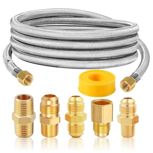 MCAMPAS 10 Feet High Pressure Braided Propane Hose Extension With Conversion Coupling 3/8"Flare to 1/2" Female NPT, 1/4" Male NPT,3/8" Male NPT,3/8" Male Flare for BBQ Grill, Heater, Fire Pit