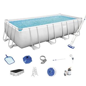 bestway 18′ x 9′ x 4′ power steel frame above ground rectangular swimming pool set w/ 1000 gph sand filter pump, pool cover, ladder, skimmer, & vacuum