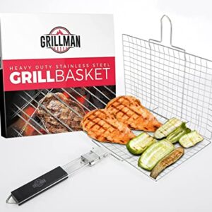 Grillman Heavy-Duty Stainless Steel BBQ Grill Basket - 180-Degree Hinged Lid & Secure Locking Handle | Grill Pan Set, Portable Grill Accessories | Barbecue, Fish, Vegetable, Hamburger Salmon