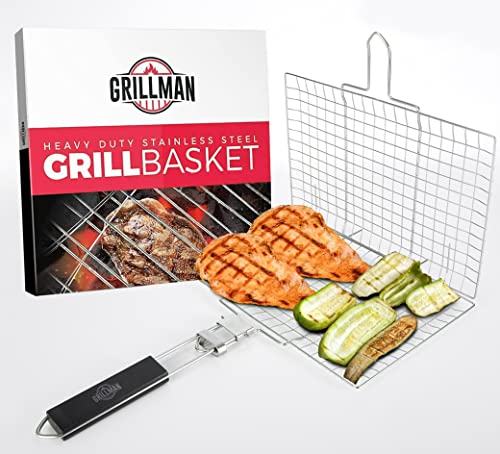 Grillman Heavy-Duty Stainless Steel BBQ Grill Basket - 180-Degree Hinged Lid & Secure Locking Handle | Grill Pan Set, Portable Grill Accessories | Barbecue, Fish, Vegetable, Hamburger Salmon